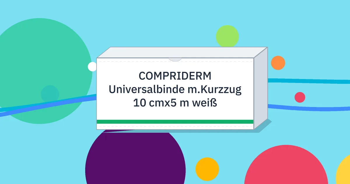 Symbolbild: Packung mit der Aufschrift COMPRIDERM Universalbinde m.Kurzzug 10 cmx5 m weiß (PZN 05549392) – Verfügbarkeit und Bezug in Apotheken in Frankfurt am Main