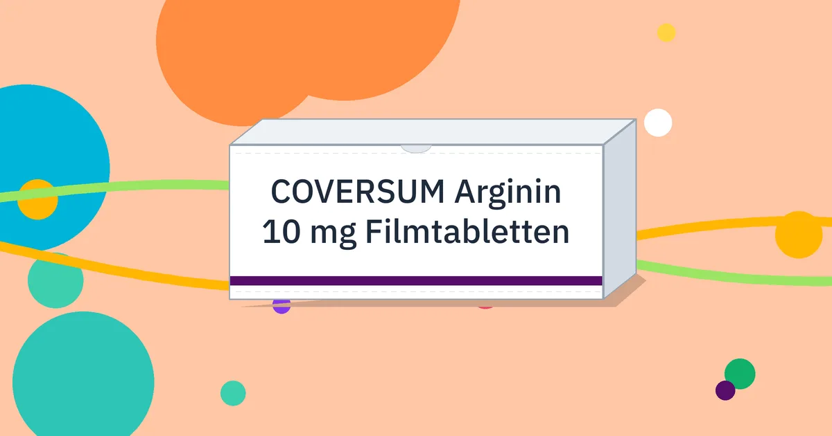 Symbolbild: Packung mit der Aufschrift COVERSUM Arginin 10 mg Filmtabletten (PZN 10032633) – Verfügbarkeit und Bezug in Apotheken in Frankfurt am Main