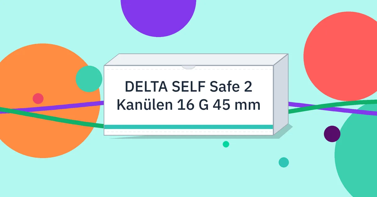 Symbolbild: Packung mit der Aufschrift DELTA SELF Safe 2 Kanülen 16 G 45 mm (PZN 07766432) – Verfügbarkeit und Bezug in Apotheken in Frankfurt am Main