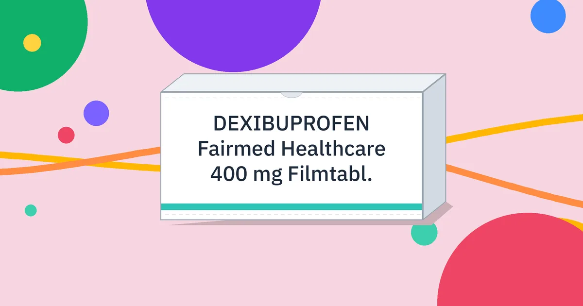 Symbolbild: Packung mit der Aufschrift DEXIBUPROFEN Fairmed Healthcare 400 mg Filmtabl. (PZN 16564041) – Verfügbarkeit und Bezug in Apotheken in Frankfurt am Main
