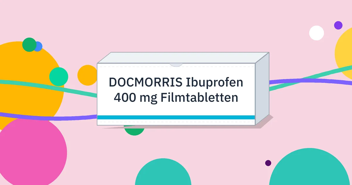 Symbolbild: Packung mit der Aufschrift DOCMORRIS Ibuprofen 400 mg Filmtabletten (PZN 16737599) – Verfügbarkeit und Bezug in Apotheken in Frankfurt am Main