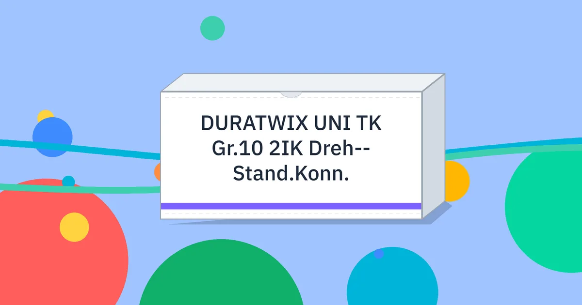 Symbolbild: Packung mit der Aufschrift DURATWIX UNI TK Gr.10 2IK Dreh--Stand.Konn. (PZN 06968961) – Verfügbarkeit und Bezug in Apotheken in Frankfurt am Main