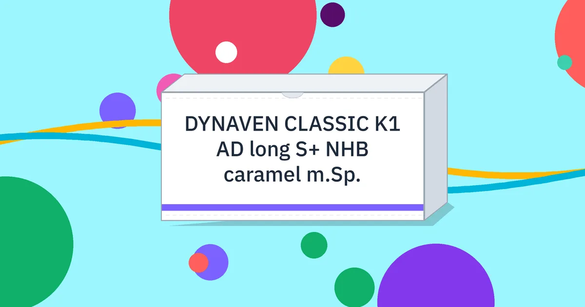Symbolbild: Packung mit der Aufschrift DYNAVEN CLASSIC K1 AD long S+ NHB caramel m.Sp. (PZN 18415233) – Verfügbarkeit und Bezug in Apotheken in Frankfurt am Main