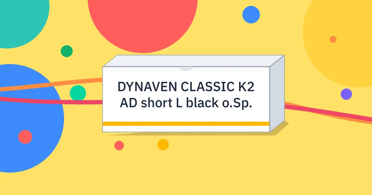 Symbolbild: Packung mit der Aufschrift DYNAVEN CLASSIC K2 AD short L black o.Sp. (PZN 18417114) – Verfügbarkeit und Bezug in Apotheken in Frankfurt am Main