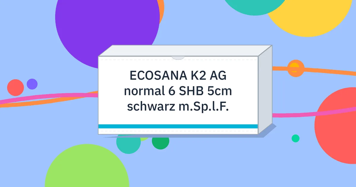 Symbolbild: Packung mit der Aufschrift ECOSANA K2 AG normal 6 SHB 5cm schwarz m.Sp.l.F. (PZN 10957058) – Verfügbarkeit und Bezug in Apotheken in Frankfurt am Main