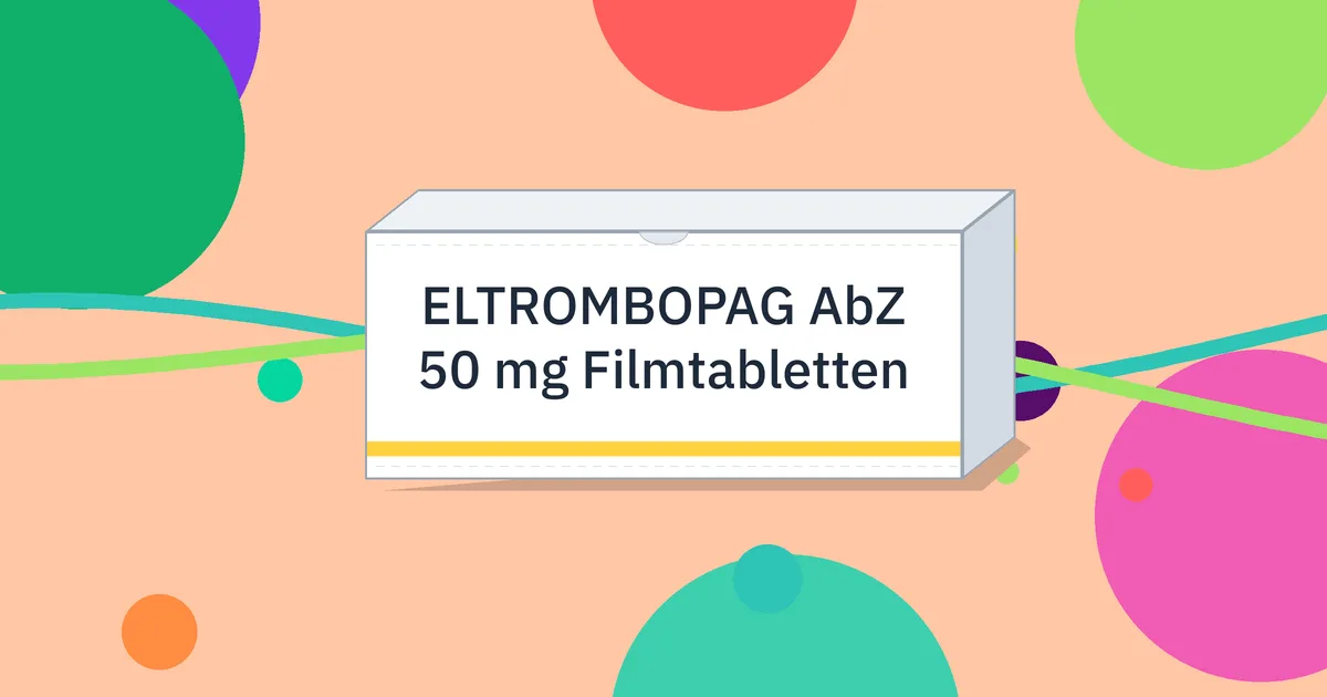 Symbolbild: Packung mit der Aufschrift ELTROMBOPAG AbZ 50 mg Filmtabletten (PZN 19806065) – Verfügbarkeit und Bezug in Apotheken in Frankfurt am Main