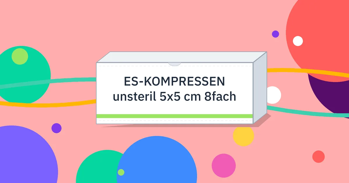 Symbolbild: Packung mit der Aufschrift ES-KOMPRESSEN unsteril 5x5 cm 8fach (PZN 20577345) – Verfügbarkeit und Bezug in Apotheken in Frankfurt am Main