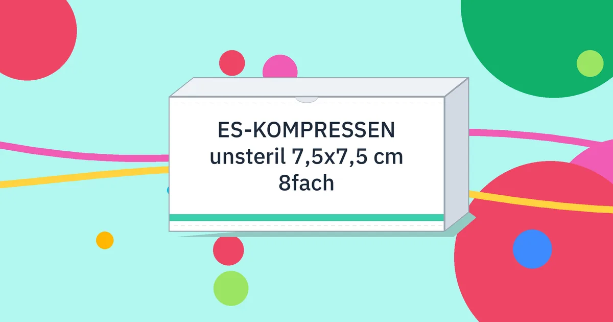 Symbolbild: Packung mit der Aufschrift ES-KOMPRESSEN unsteril 7,5x7,5 cm 8fach (PZN 18363186) – Verfügbarkeit und Bezug in Apotheken in Frankfurt am Main