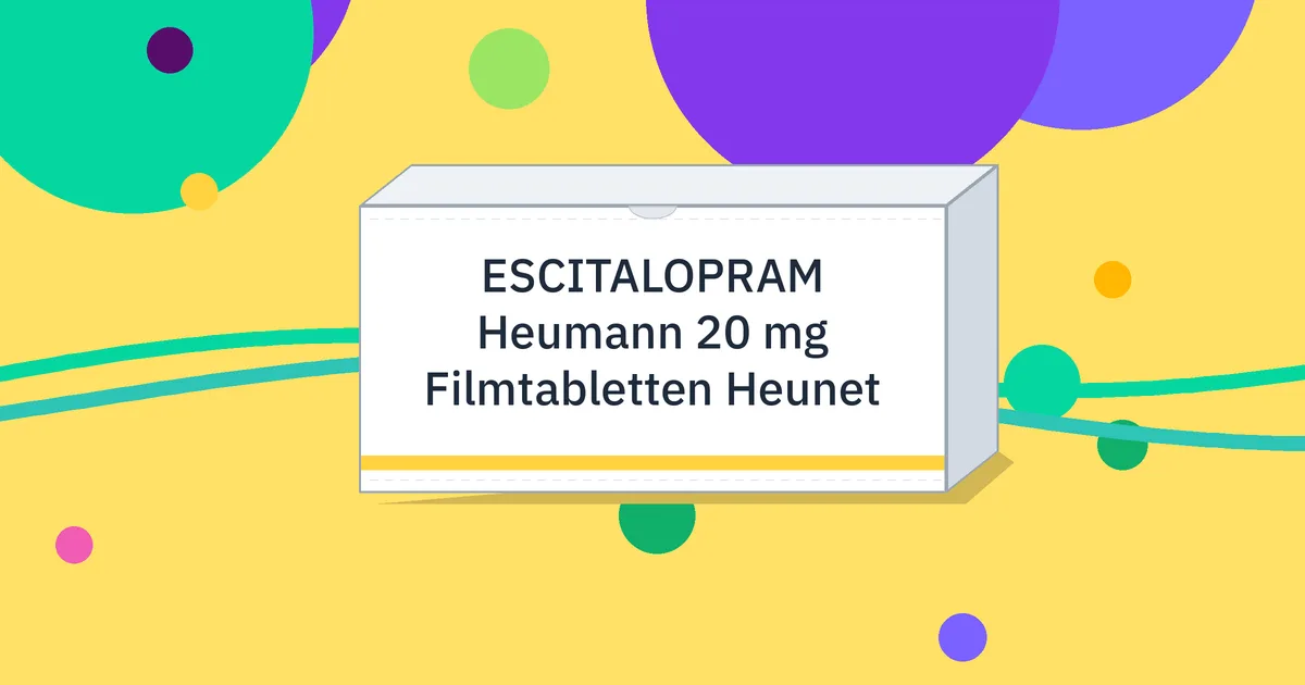 Symbolbild: Packung mit der Aufschrift ESCITALOPRAM Heumann 20 mg Filmtabletten Heunet (PZN 12581769) – Verfügbarkeit und Bezug in Apotheken in Frankfurt am Main