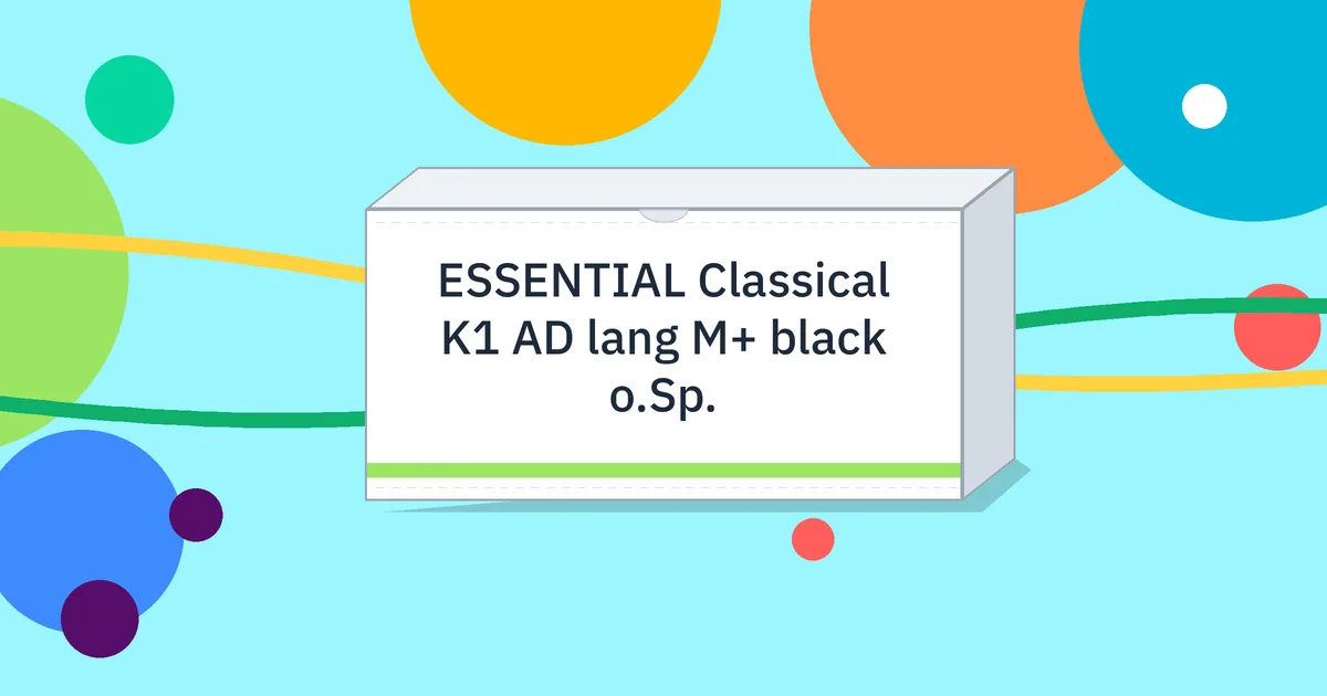 Symbolbild: Packung mit der Aufschrift ESSENTIAL Classical K1 AD lang M+ black o.Sp. (PZN 17004232) – Verfügbarkeit und Bezug in Apotheken in Frankfurt am Main