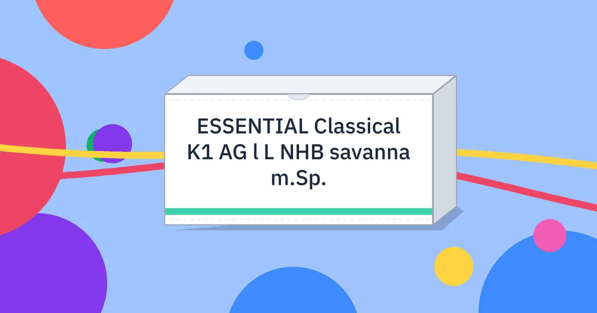 Symbolbild: Packung mit der Aufschrift ESSENTIAL Classical K1 AG l L NHB savanna m.Sp. (PZN 17002983) – Verfügbarkeit und Bezug in Apotheken in Frankfurt am Main