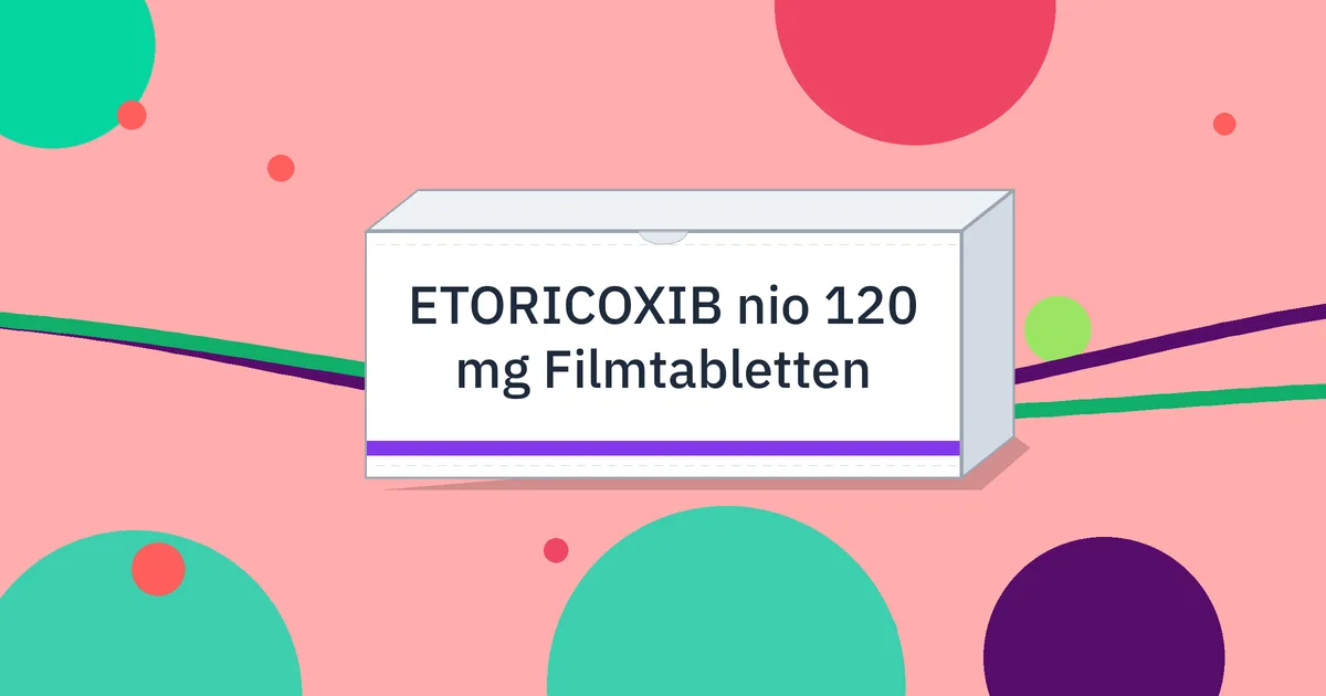 Symbolbild: Packung mit der Aufschrift ETORICOXIB nio 120 mg Filmtabletten (PZN 20348188) – Verfügbarkeit und Bezug in Apotheken in Frankfurt am Main
