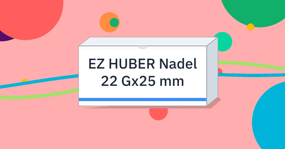 Symbolbild: Packung mit der Aufschrift EZ HUBER Nadel 22 Gx25 mm (PZN 09042477) – Verfügbarkeit und Bezug in Apotheken in Frankfurt am Main