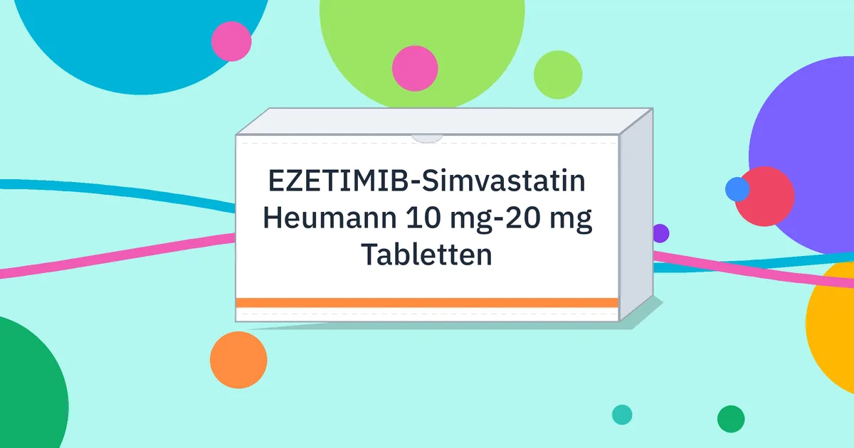 Symbolbild: Packung mit der Aufschrift EZETIMIB-Simvastatin Heumann 10 mg-20 mg Tabletten (PZN 14064216) – Verfügbarkeit und Bezug in Apotheken in Frankfurt am Main