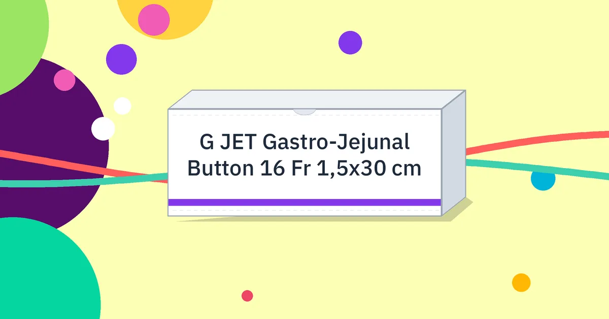 Symbolbild: Packung mit der Aufschrift G JET Gastro-Jejunal Button 16 Fr 1,5x30 cm (PZN 14342997) – Verfügbarkeit und Bezug in Apotheken in Frankfurt am Main