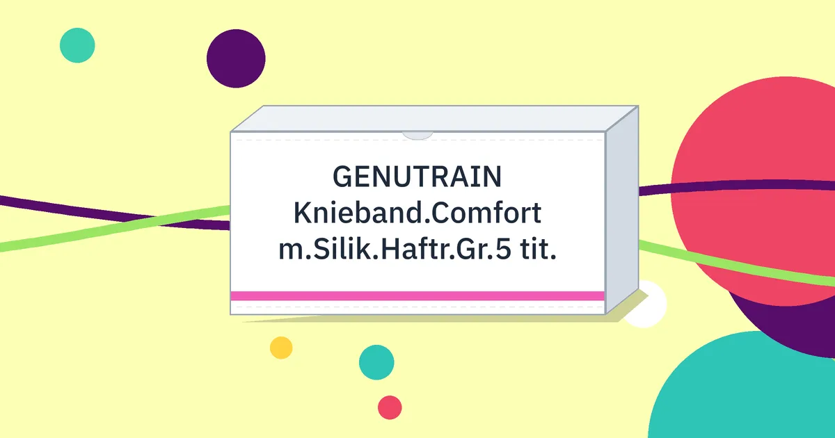 Symbolbild: Packung mit der Aufschrift GENUTRAIN Knieband.Comfort m.Silik.Haftr.Gr.5 tit. (PZN 12517286) – Verfügbarkeit und Bezug in Apotheken in Frankfurt am Main