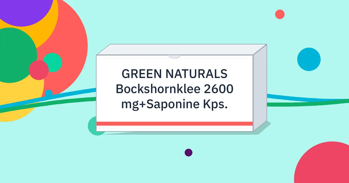 Symbolbild: Packung mit der Aufschrift GREEN NATURALS Bockshornklee 2600 mg+Saponine Kps. (PZN 19518082) – Verfügbarkeit und Bezug in Apotheken in Frankfurt am Main