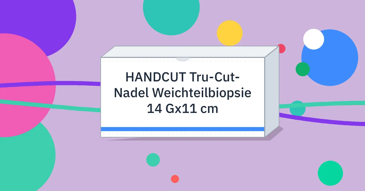 Symbolbild: Packung mit der Aufschrift HANDCUT Tru-Cut-Nadel Weichteilbiopsie 14 Gx11 cm (PZN 19736301) – Verfügbarkeit und Bezug in Apotheken in Frankfurt am Main