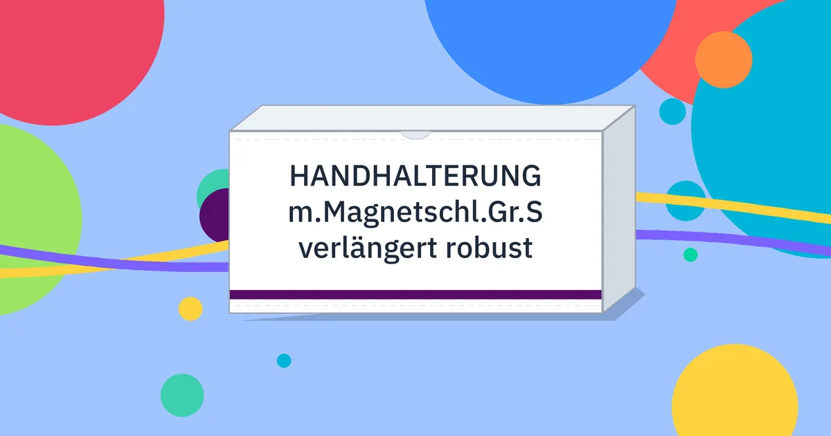 Symbolbild: Packung mit der Aufschrift HANDHALTERUNG m.Magnetschl.Gr.S verlängert robust (PZN 11849767) – Verfügbarkeit und Bezug in Apotheken in Frankfurt am Main