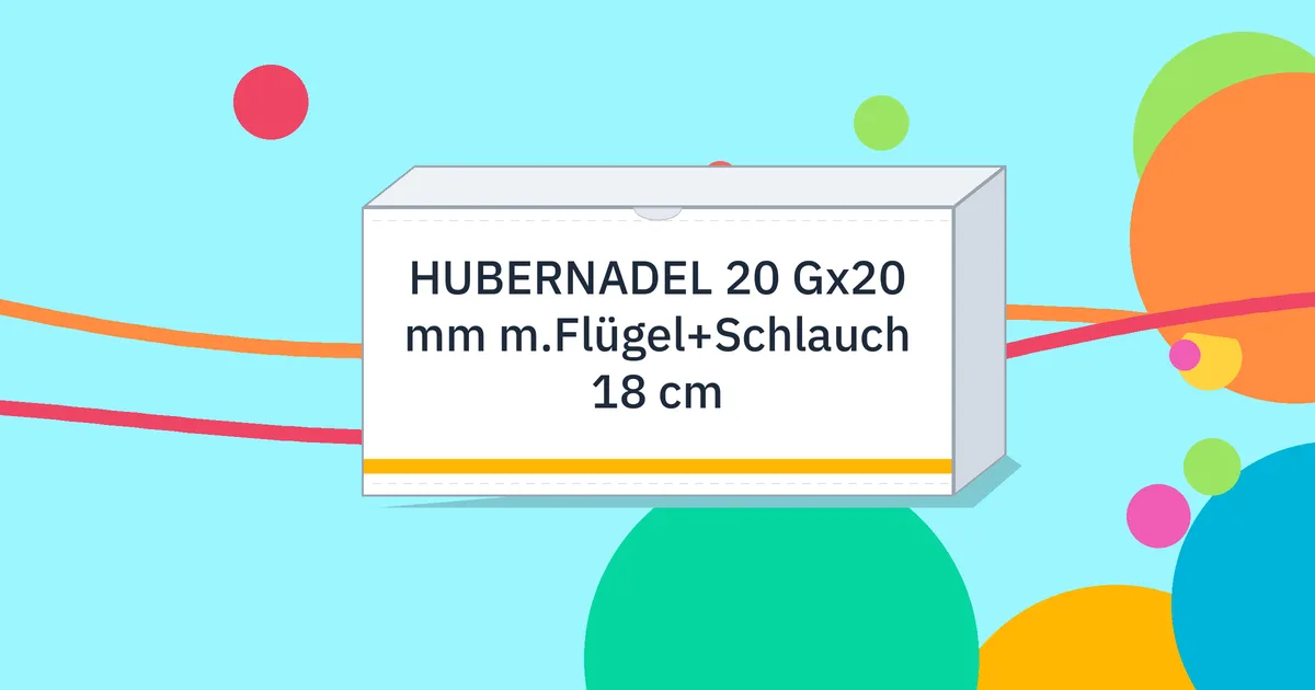 Symbolbild: Packung mit der Aufschrift HUBERNADEL 20 Gx20 mm m.Flügel+Schlauch 18 cm (PZN 02350218) – Verfügbarkeit und Bezug in Apotheken in Frankfurt am Main
