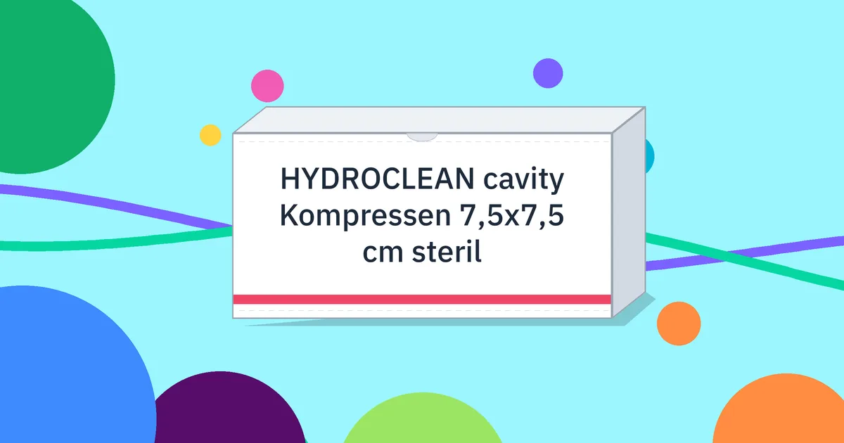 Symbolbild: Packung mit der Aufschrift HYDROCLEAN cavity Kompressen 7,5x7,5 cm steril (PZN 00127491) – Verfügbarkeit und Bezug in Apotheken in Frankfurt am Main
