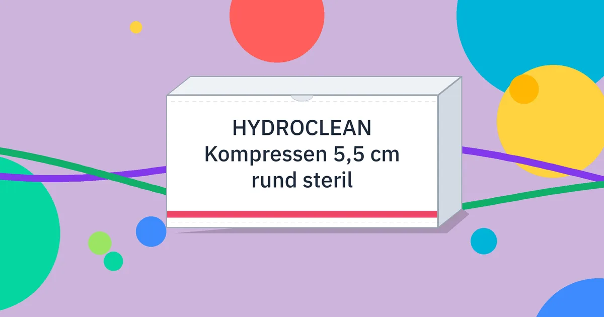 Symbolbild: Packung mit der Aufschrift HYDROCLEAN Kompressen 5,5 cm rund steril (PZN 17445485) – Verfügbarkeit und Bezug in Apotheken in Frankfurt am Main