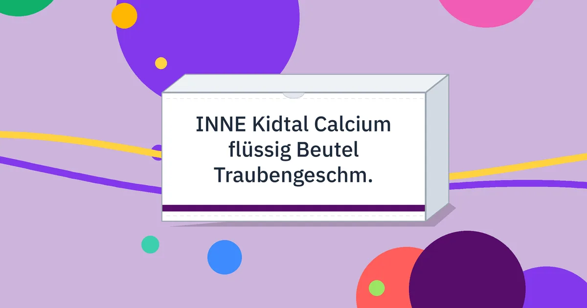 Symbolbild: Packung mit der Aufschrift INNE Kidtal Calcium flüssig Beutel Traubengeschm. (PZN 20920719) – Verfügbarkeit und Bezug in Apotheken in Frankfurt am Main
