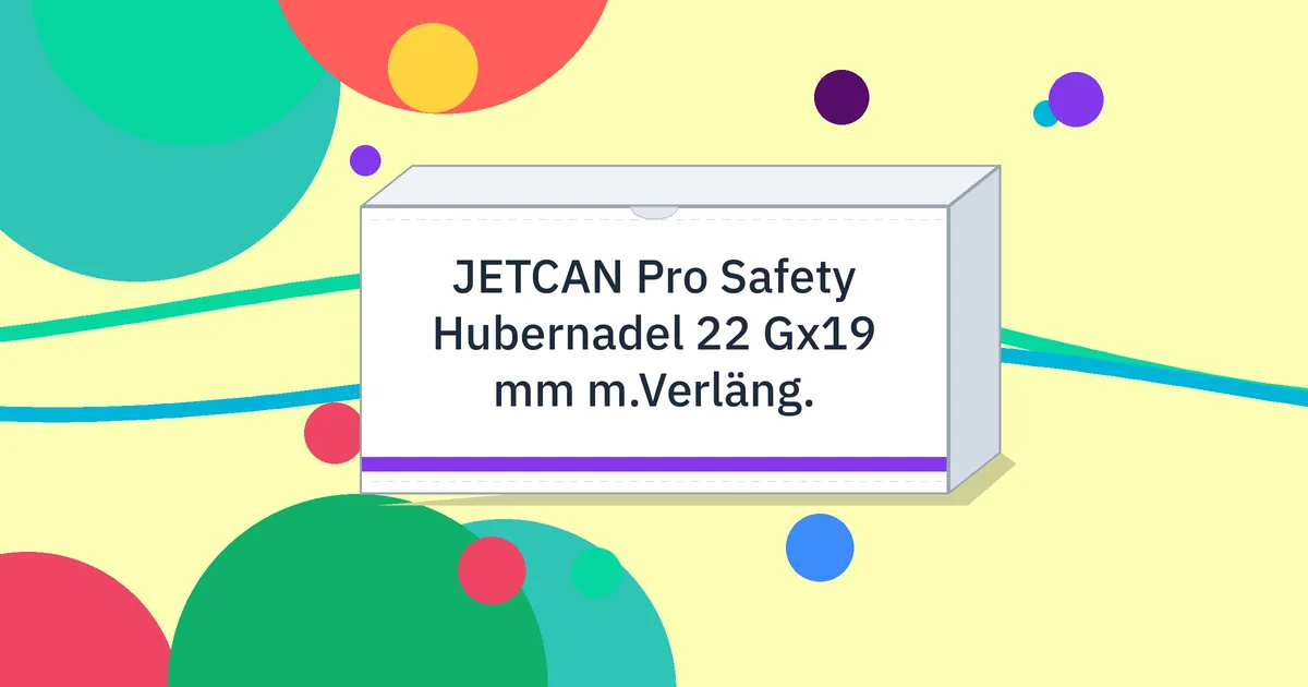 Symbolbild: Packung mit der Aufschrift JETCAN Pro Safety Hubernadel 22 Gx19 mm m.Verläng. (PZN 19238709) – Verfügbarkeit und Bezug in Apotheken in Frankfurt am Main