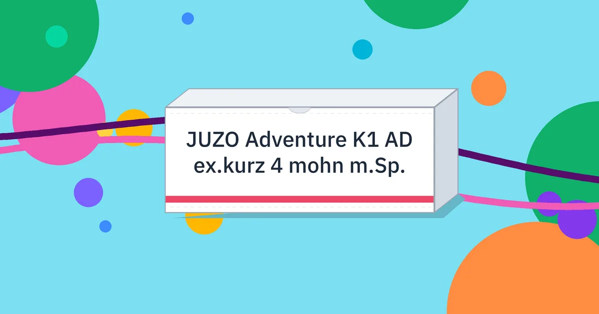 Symbolbild: Packung mit der Aufschrift JUZO Adventure K1 AD ex.kurz 4 mohn m.Sp. (PZN 14977945) – Verfügbarkeit und Bezug in Apotheken in Frankfurt am Main