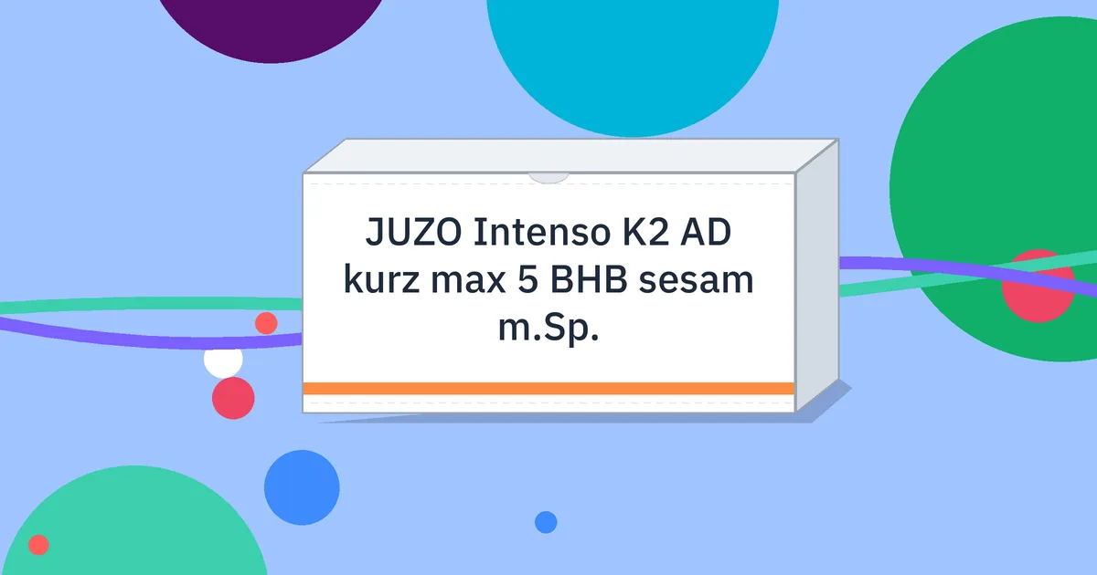 Symbolbild: Packung mit der Aufschrift JUZO Intenso K2 AD kurz max 5 BHB sesam m.Sp. (PZN 18615707) – Verfügbarkeit und Bezug in Apotheken in Frankfurt am Main