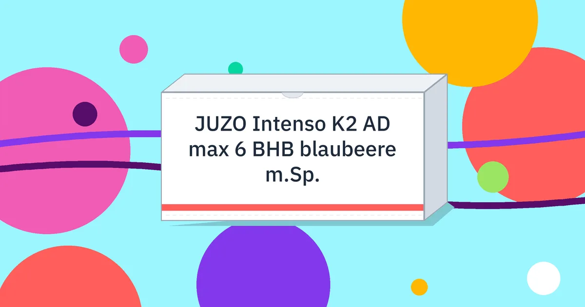 Symbolbild: Packung mit der Aufschrift JUZO Intenso K2 AD max 6 BHB blaubeere m.Sp. (PZN 18616397) – Verfügbarkeit und Bezug in Apotheken in Frankfurt am Main