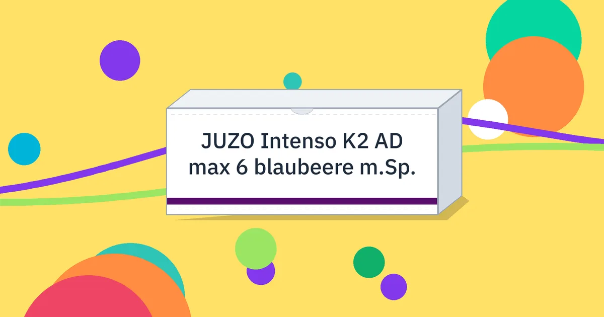 Symbolbild: Packung mit der Aufschrift JUZO Intenso K2 AD max 6 blaubeere m.Sp. (PZN 18609322) – Verfügbarkeit und Bezug in Apotheken in Frankfurt am Main