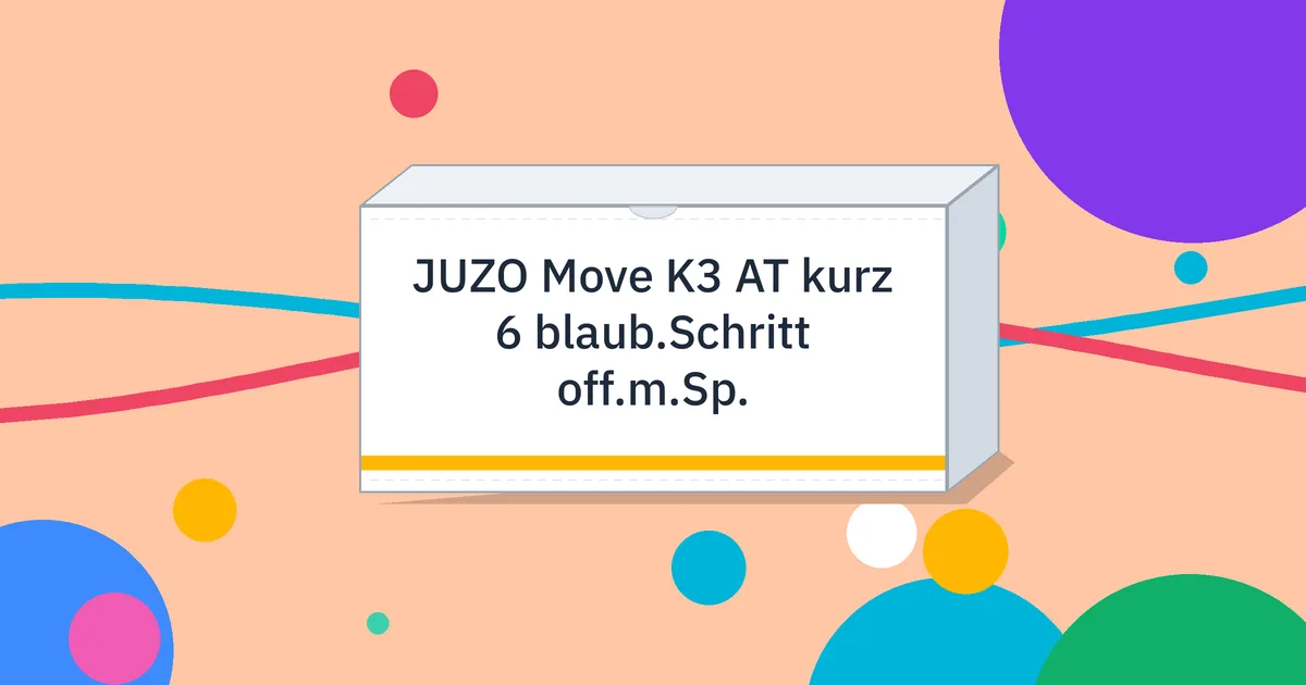 Symbolbild: Packung mit der Aufschrift JUZO Move K3 AT kurz 6 blaub.Schritt off.m.Sp. (PZN 20683751) – Verfügbarkeit und Bezug in Apotheken in Frankfurt am Main