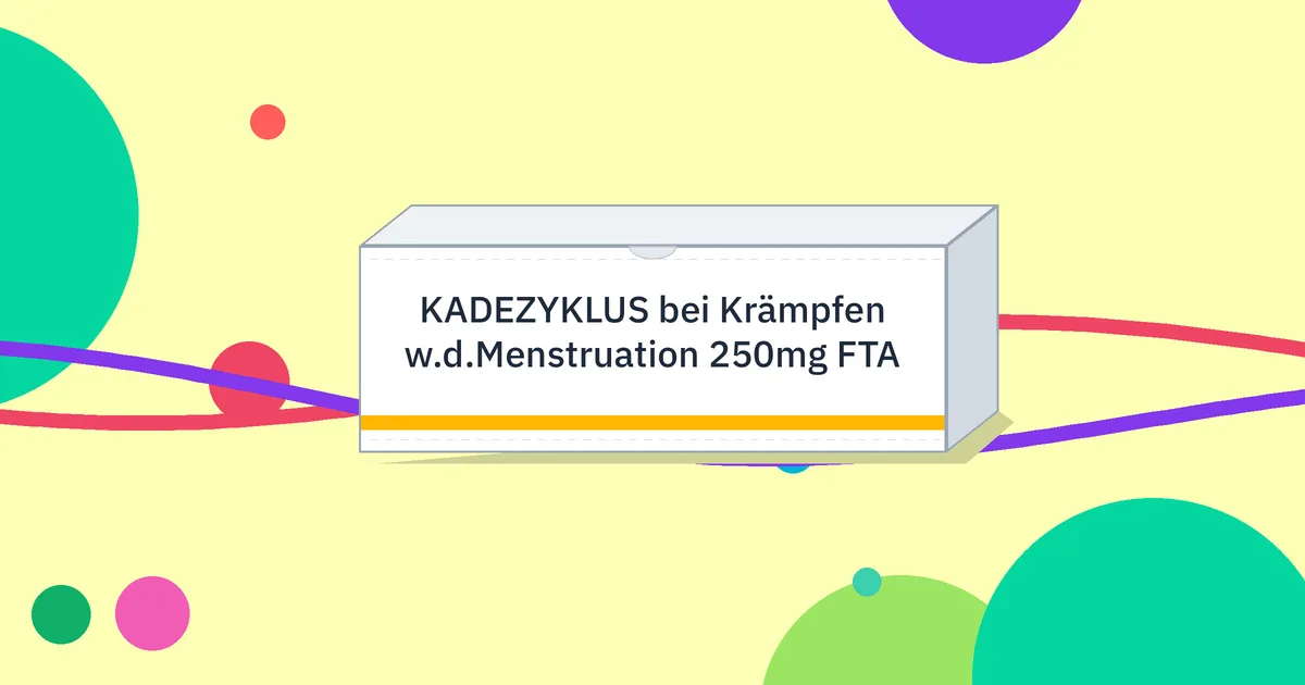 Symbolbild: Packung mit der Aufschrift KADEZYKLUS bei Krämpfen w.d.Menstruation 250mg FTA (PZN 17874393) – Verfügbarkeit und Bezug in Apotheken in Frankfurt am Main