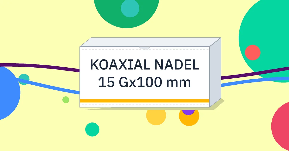 Symbolbild: Packung mit der Aufschrift KOAXIAL NADEL 15 Gx100 mm (PZN 19529430) – Verfügbarkeit und Bezug in Apotheken in Frankfurt am Main