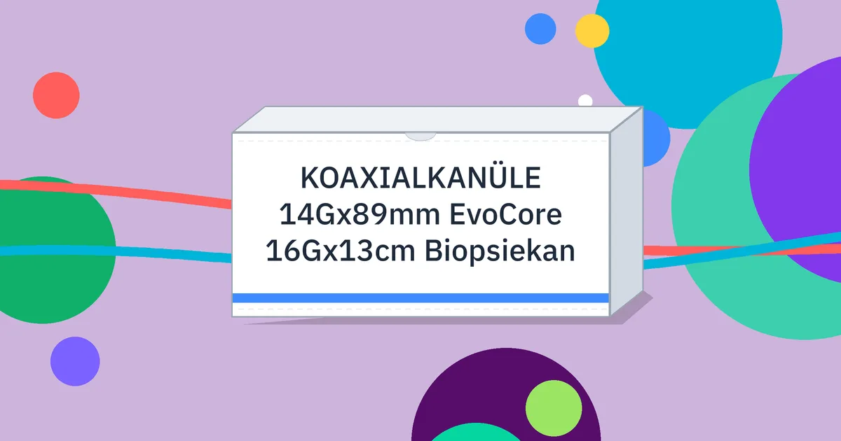 Symbolbild: Packung mit der Aufschrift KOAXIALKANÜLE 14Gx89mm EvoCore 16Gx13cm Biopsiekan (PZN 11059338) – Verfügbarkeit und Bezug in Apotheken in Frankfurt am Main