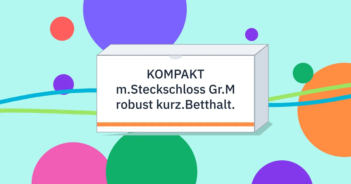 Symbolbild: Packung mit der Aufschrift KOMPAKT m.Steckschloss Gr.M robust kurz.Betthalt. (PZN 11574365) – Verfügbarkeit und Bezug in Apotheken in Frankfurt am Main