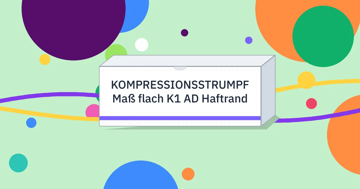 Symbolbild: Packung mit der Aufschrift KOMPRESSIONSSTRUMPF Maß flach K1 AD Haftrand (PZN 16745050) – Verfügbarkeit und Bezug in Apotheken in Frankfurt am Main