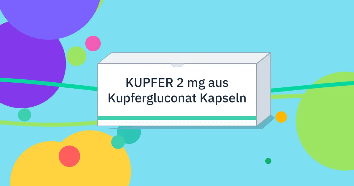 Symbolbild: Packung mit der Aufschrift KUPFER 2 mg aus Kupfergluconat Kapseln (PZN 04873908) – Verfügbarkeit und Bezug in Apotheken in Frankfurt am Main