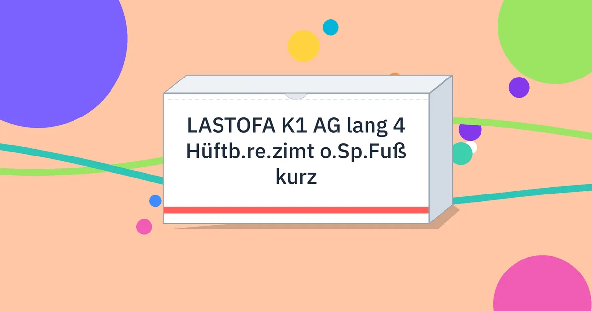 Symbolbild: Packung mit der Aufschrift LASTOFA K1 AG lang 4 Hüftb.re.zimt o.Sp.Fuß kurz (PZN 13798353) – Verfügbarkeit und Bezug in Apotheken in Frankfurt am Main