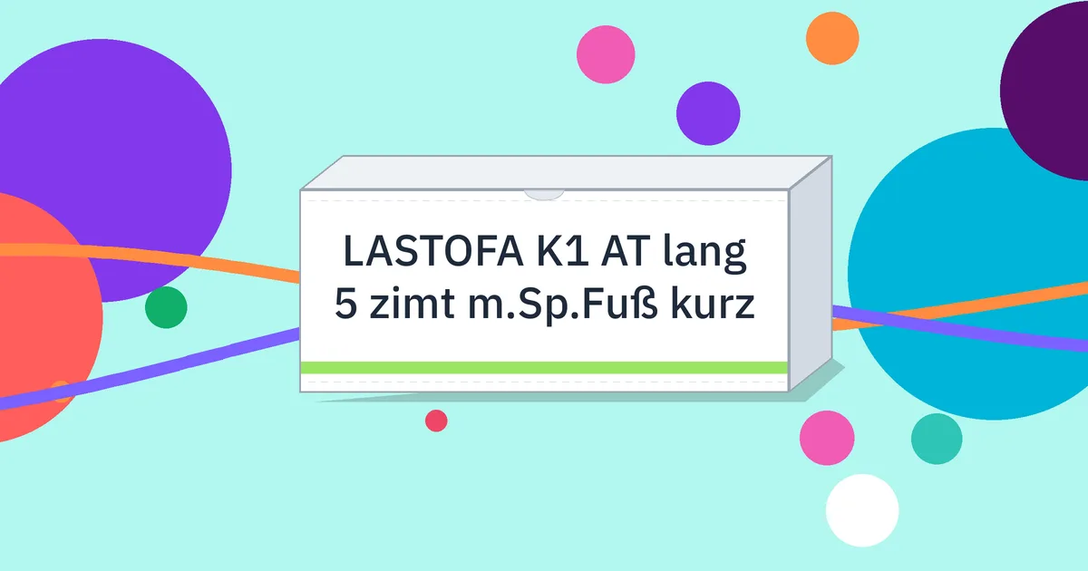Symbolbild: Packung mit der Aufschrift LASTOFA K1 AT lang 5 zimt m.Sp.Fuß kurz (PZN 13796526) – Verfügbarkeit und Bezug in Apotheken in Frankfurt am Main