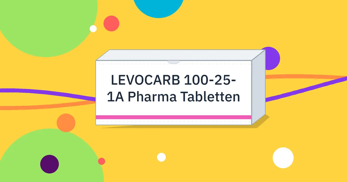 Symbolbild: Packung mit der Aufschrift LEVOCARB 100-25-1A Pharma Tabletten (PZN 07510193) – Verfügbarkeit und Bezug in Apotheken in Frankfurt am Main