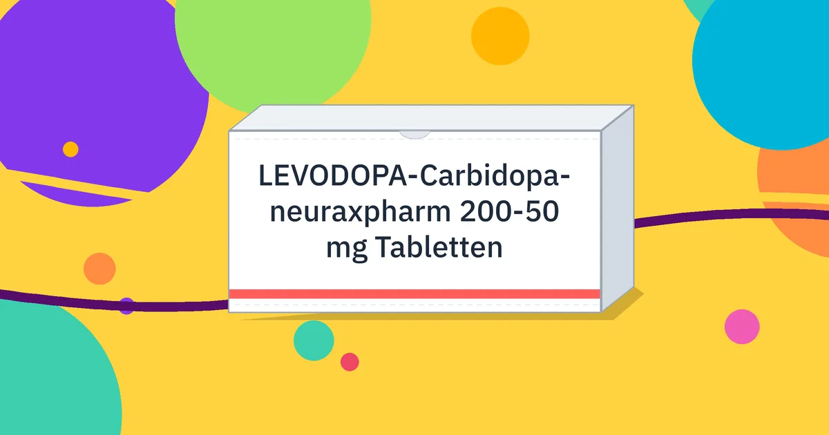 Symbolbild: Packung mit der Aufschrift LEVODOPA-Carbidopa-neuraxpharm 200-50 mg Tabletten (PZN 02918245) – Verfügbarkeit und Bezug in Apotheken in Frankfurt am Main