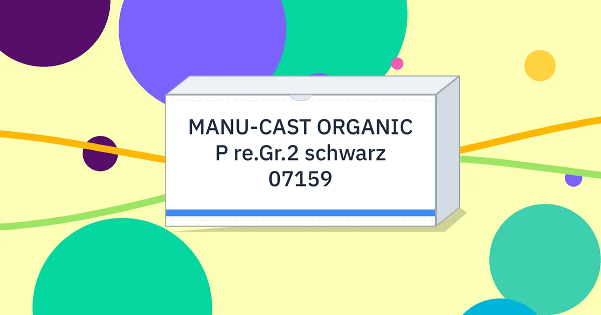 Symbolbild: Packung mit der Aufschrift MANU-CAST ORGANIC P re.Gr.2 schwarz 07159 (PZN 17889963) – Verfügbarkeit und Bezug in Apotheken in Frankfurt am Main