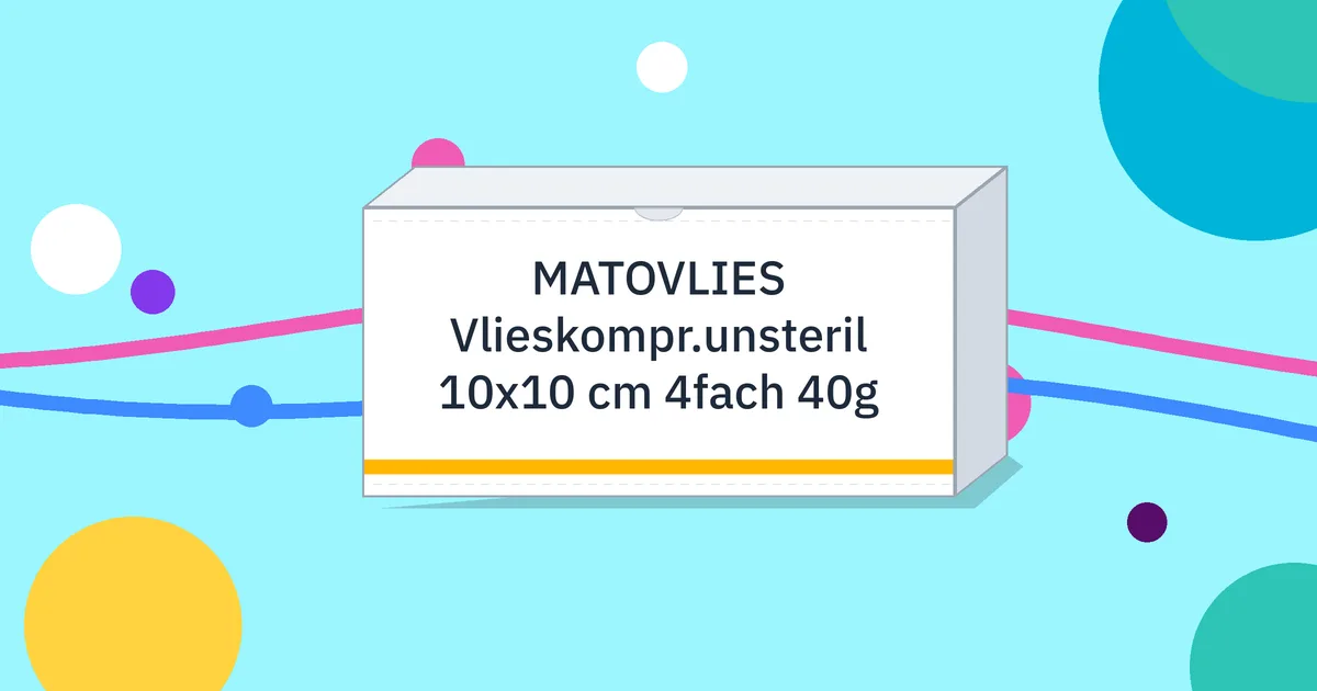 Symbolbild: Packung mit der Aufschrift MATOVLIES Vlieskompr.unsteril 10x10 cm 4fach 40g (PZN 00589889) – Verfügbarkeit und Bezug in Apotheken in Frankfurt am Main