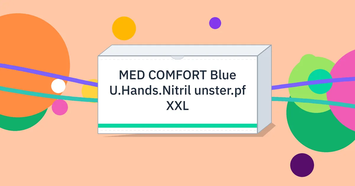 Symbolbild: Packung mit der Aufschrift MED COMFORT Blue U.Hands.Nitril unster.pf XXL (PZN 15570312) – Verfügbarkeit und Bezug in Apotheken in Frankfurt am Main
