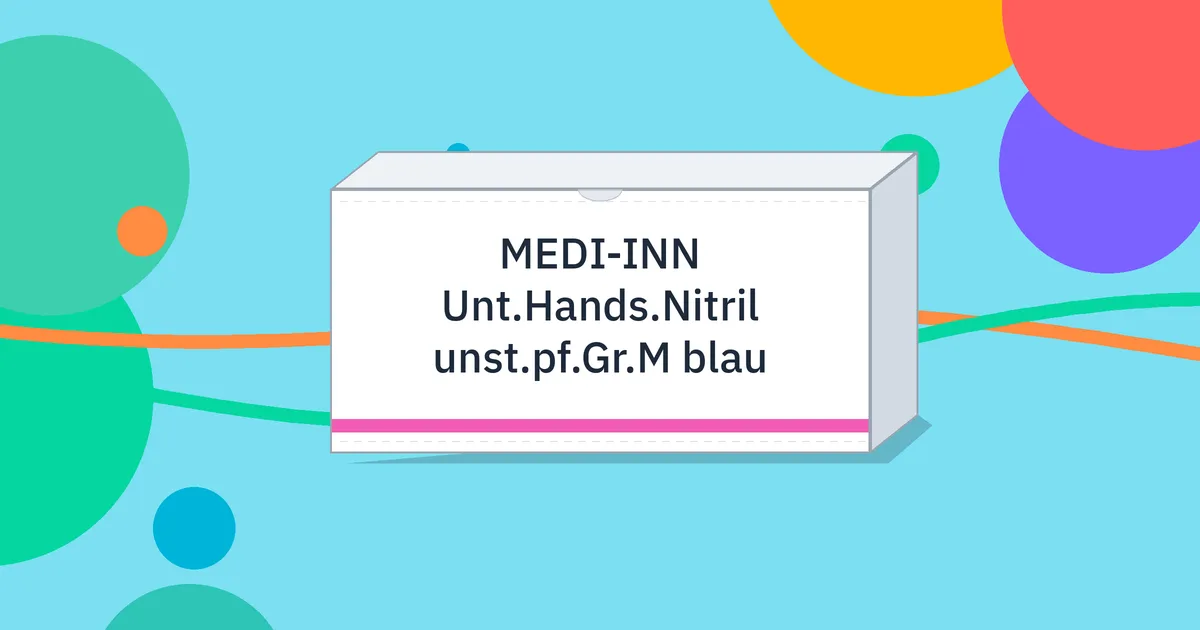 Symbolbild: Packung mit der Aufschrift MEDI-INN Unt.Hands.Nitril unst.pf.Gr.M blau (PZN 07191807) – Verfügbarkeit und Bezug in Apotheken in Frankfurt am Main