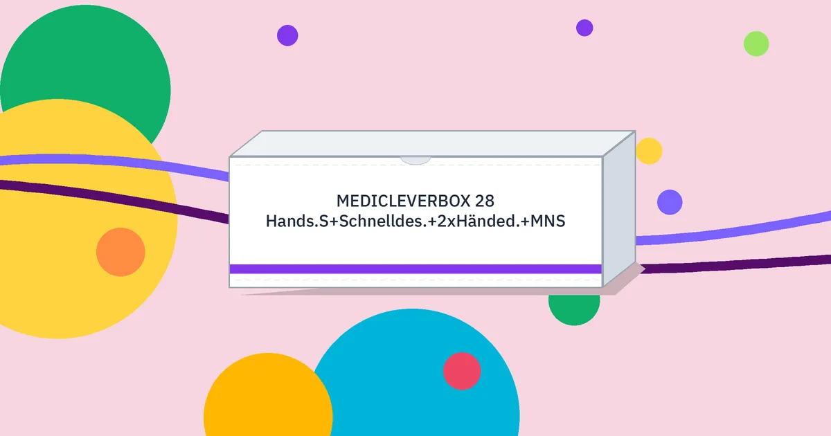 Symbolbild: Packung mit der Aufschrift MEDICLEVERBOX 28 Hands.S+Schnelldes.+2xHänded.+MNS (PZN 19112629) – Verfügbarkeit und Bezug in Apotheken in Frankfurt am Main