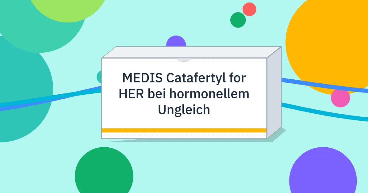 Symbolbild: Packung mit der Aufschrift MEDIS Catafertyl for HER bei hormonellem Ungleich (PZN 19557923) – Verfügbarkeit und Bezug in Apotheken in Frankfurt am Main