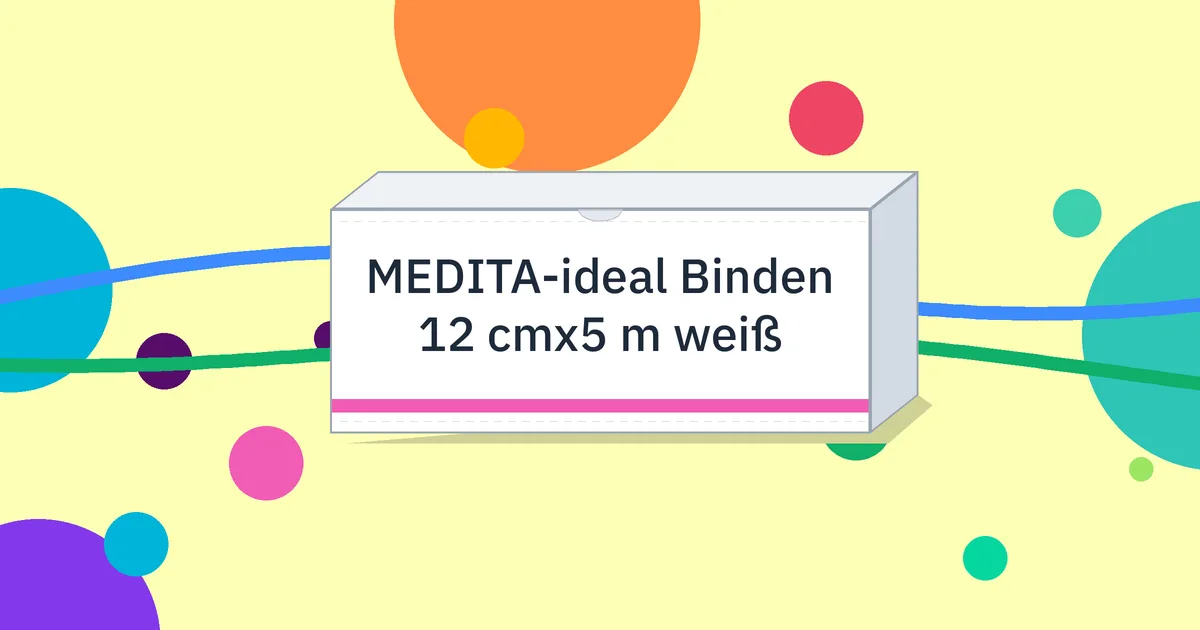 Symbolbild: Packung mit der Aufschrift MEDITA-ideal Binden 12 cmx5 m weiß (PZN 19451828) – Verfügbarkeit und Bezug in Apotheken in Frankfurt am Main